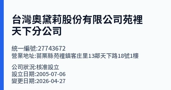 台灣奧黛莉股份有限公司苑裡天下分公司的照片-統編 27743672(苗栗縣) 公司登記資料與營業項目詳細圖表