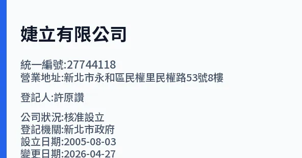 婕立有限公司的照片-統編 27744118(新北市) 公司登記資料與營業項目詳細圖表