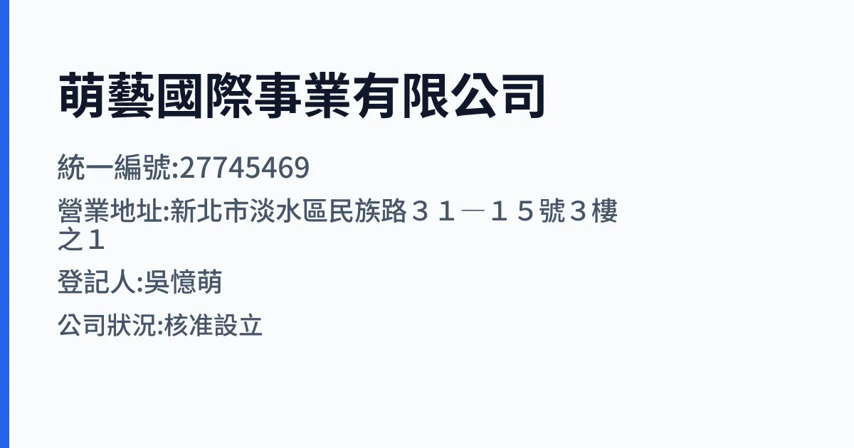 萌藝國際事業有限公司 - 統編 27745469(新北市) 公司登記資料與營業項目詳細圖表