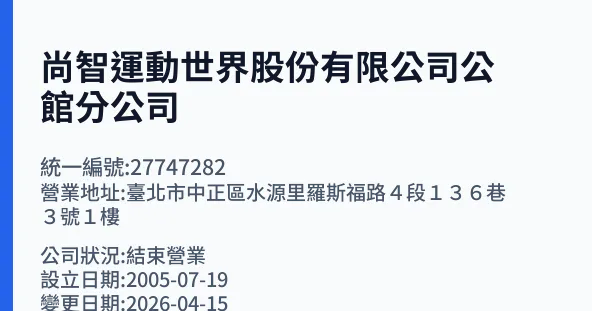 尚智運動世界股份有限公司公館分公司的照片-統編 27747282(臺北市) 公司登記資料與營業項目詳細圖表