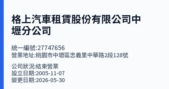 格上汽車租賃股份有限公司中壢分公司的照片-統編 27747656(桃園市) 公司登記資料與營業項目詳細圖表
