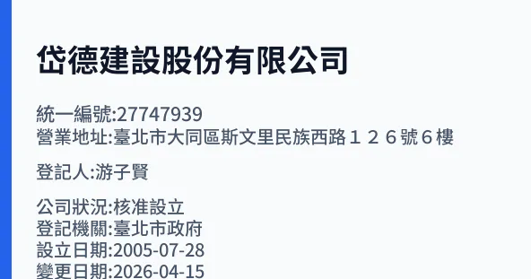 岱德建設股份有限公司的照片-統編 27747939(臺北市) 公司登記資料與營業項目詳細圖表