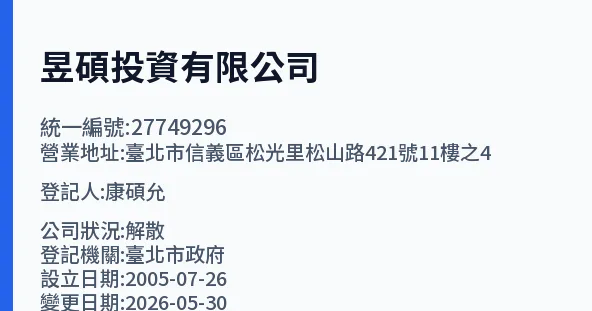 昱碩投資有限公司的照片-統編 27749296(臺北市) 公司登記資料與營業項目詳細圖表