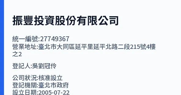 振豐投資股份有限公司的照片-統編 27749367(臺北市) 公司登記資料與營業項目詳細圖表