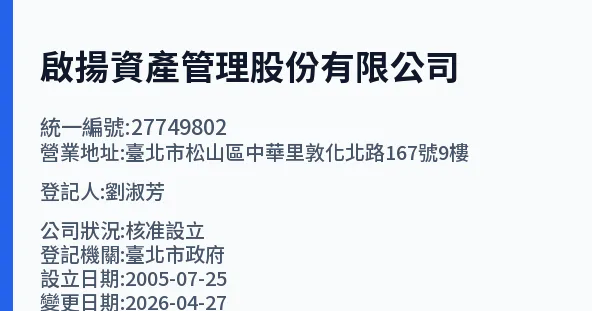 啟揚資產管理股份有限公司的照片-統編 27749802(臺北市) 公司登記資料與營業項目詳細圖表