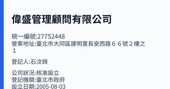 偉盛管理顧問有限公司的照片-統編 27752448(臺北市) 公司登記資料與營業項目詳細圖表