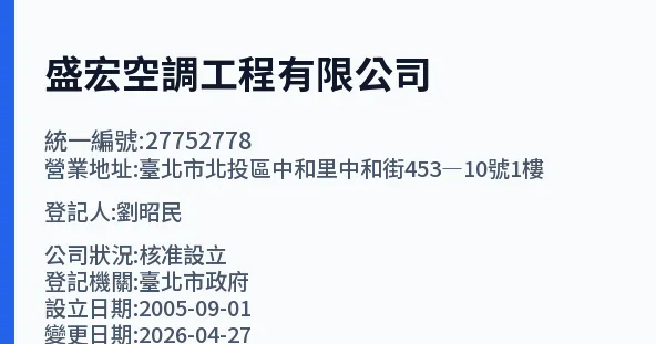 盛宏空調工程有限公司的照片-統編 27752778(臺北市) 公司登記資料與營業項目詳細圖表
