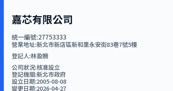嘉芯有限公司的照片-統編 27753333(新北市) 公司登記資料與營業項目詳細圖表