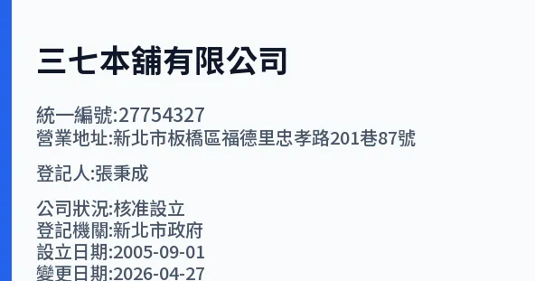 三七本舖有限公司的照片-統編 27754327(新北市) 公司登記資料與營業項目詳細圖表
