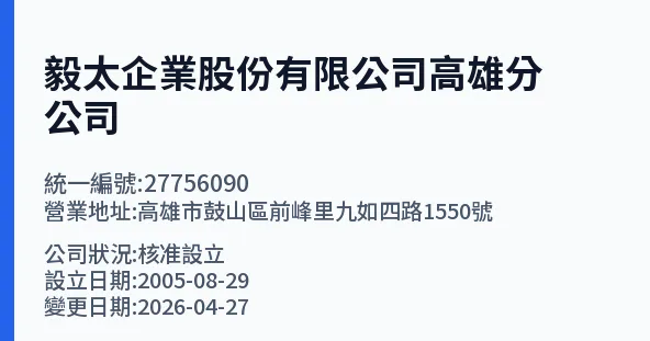毅太企業股份有限公司高雄分公司的照片-統編 27756090(高雄市) 公司登記資料與營業項目詳細圖表