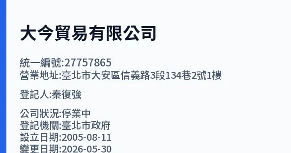 大今貿易有限公司的照片-統編 27757865(臺北市) 公司登記資料與營業項目詳細圖表