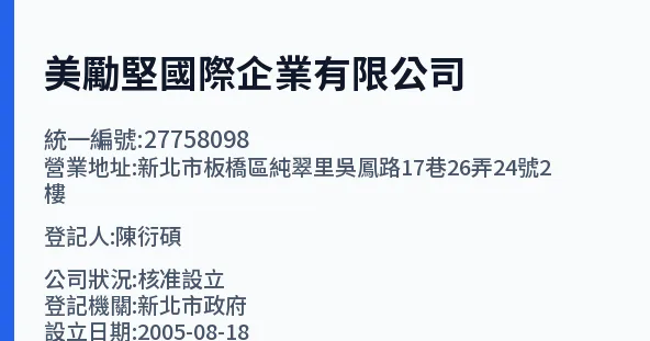 美勵堅國際企業有限公司的照片-統編 27758098(新北市) 公司登記資料與營業項目詳細圖表