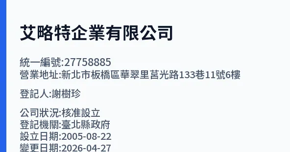 艾略特企業有限公司的照片-統編 27758885(新北市) 公司登記資料與營業項目詳細圖表