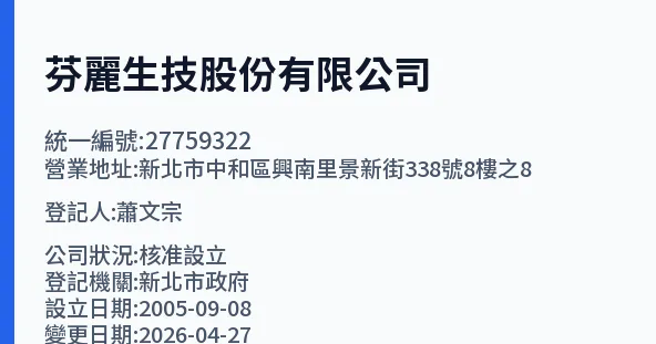 芬麗生技股份有限公司的照片-統編 27759322(新北市) 公司登記資料與營業項目詳細圖表