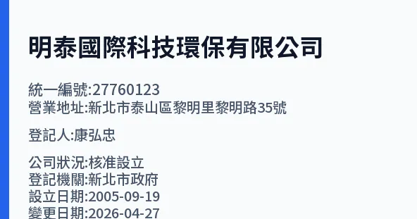 明泰國際科技環保有限公司的照片-統編 27760123(新北市) 公司登記資料與營業項目詳細圖表