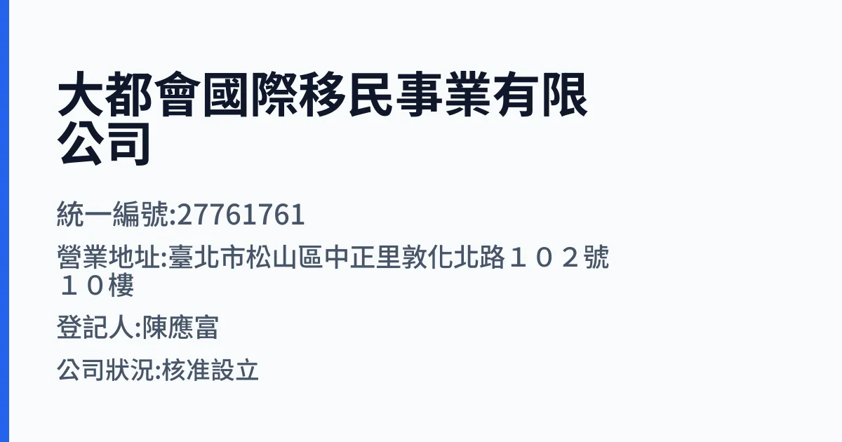 大都會國際移民事業有限公司 - 統編 27761761(臺北市) 公司登記資料與營業項目詳細圖表