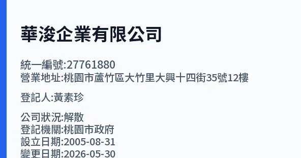 華浚企業有限公司的照片-統編 27761880(桃園市) 公司登記資料與營業項目詳細圖表