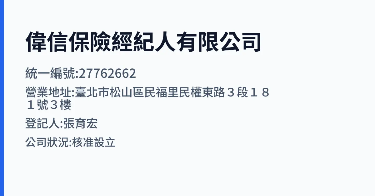 偉信保險經紀人有限公司 - 統編 27762662(臺北市) 公司登記資料與營業項目詳細圖表