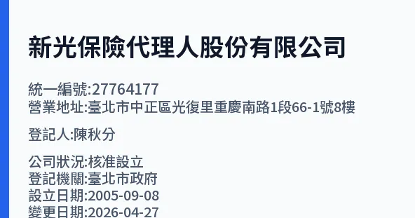 新光保險代理人股份有限公司的照片-統編 27764177(臺北市) 公司登記資料與營業項目詳細圖表