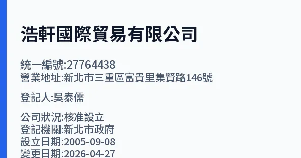 浩軒國際貿易有限公司的照片-統編 27764438(新北市) 公司登記資料與營業項目詳細圖表