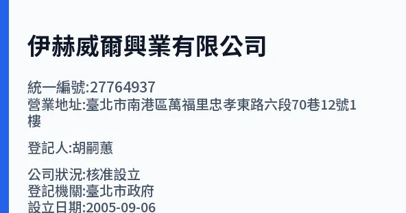 伊赫威爾興業有限公司的照片-統編 27764937(臺北市) 公司登記資料與營業項目詳細圖表