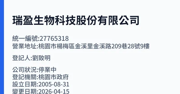 瑞盈生物科技股份有限公司的照片-統編 27765318(桃園市) 公司登記資料與營業項目詳細圖表