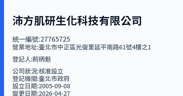 沛方肌研生化科技有限公司的照片-統編 27765725(臺北市) 公司登記資料與營業項目詳細圖表