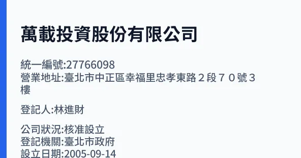 萬載投資股份有限公司的照片-統編 27766098(臺北市) 公司登記資料與營業項目詳細圖表