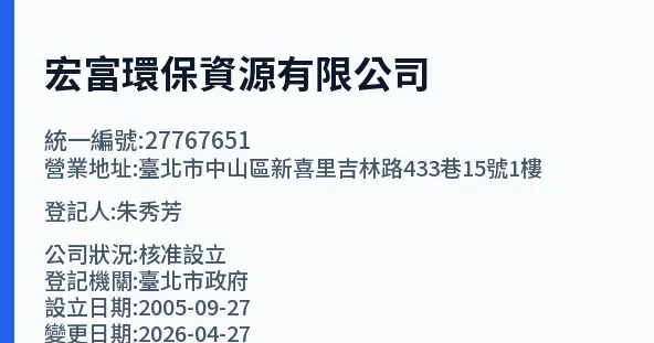 宏富環保資源有限公司的照片-統編 27767651(臺北市) 公司登記資料與營業項目詳細圖表