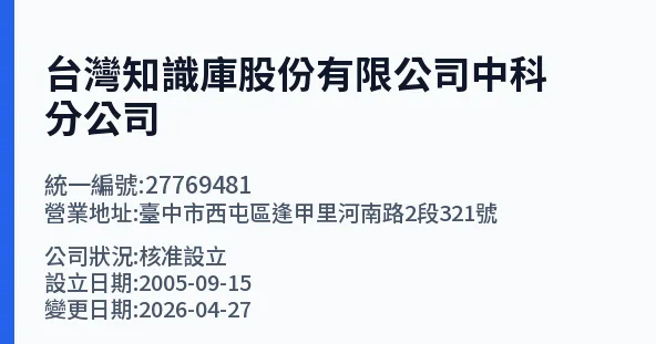 台灣知識庫股份有限公司中科分公司的照片-統編 27769481(臺中市) 公司登記資料與營業項目詳細圖表