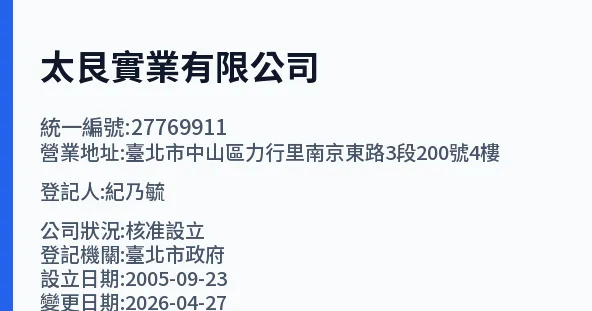 太艮實業有限公司的照片-統編 27769911(臺北市) 公司登記資料與營業項目詳細圖表