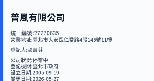 普風有限公司的照片-統編 27770635(臺北市) 公司登記資料與營業項目詳細圖表