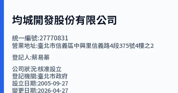 均城開發股份有限公司的照片-統編 27770831(臺北市) 公司登記資料與營業項目詳細圖表