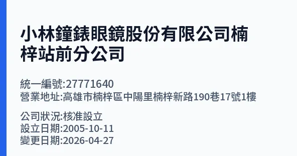 小林鐘錶眼鏡股份有限公司楠梓站前分公司的照片-統編 27771640(高雄市) 公司登記資料與營業項目詳細圖表