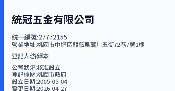 統冠五金有限公司的照片-統編 27772155(桃園市) 公司登記資料與營業項目詳細圖表