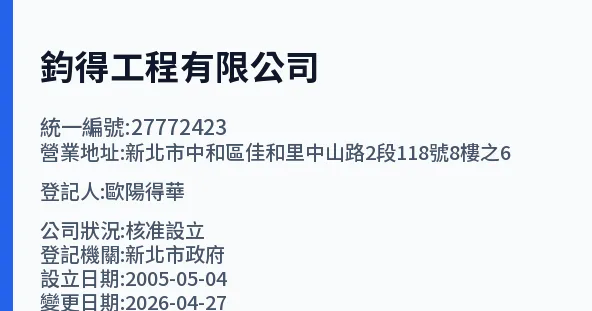 鈞得工程有限公司的照片-統編 27772423(新北市) 公司登記資料與營業項目詳細圖表