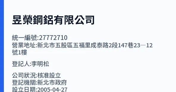 昱榮鋼鋁有限公司的照片-統編 27772710(新北市) 公司登記資料與營業項目詳細圖表