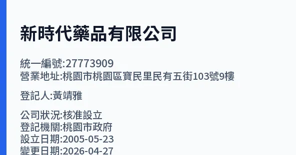 新時代藥品有限公司的照片-統編 27773909(桃園市) 公司登記資料與營業項目詳細圖表