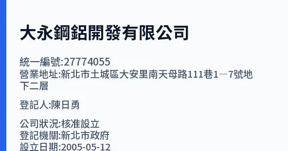 大永鋼鋁開發有限公司的照片-統編 27774055(新北市) 公司登記資料與營業項目詳細圖表