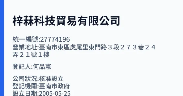 梓菻科技貿易有限公司的照片-統編 27774196(臺南市) 公司登記資料與營業項目詳細圖表