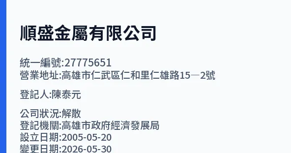 順盛金屬有限公司的照片-統編 27775651(高雄市) 公司登記資料與營業項目詳細圖表
