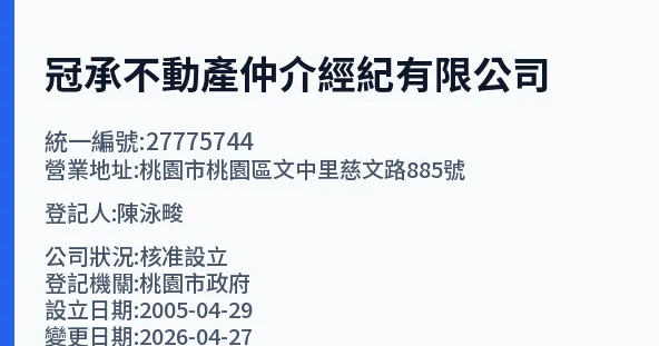 冠承不動產仲介經紀有限公司的照片-統編 27775744(桃園市) 公司登記資料與營業項目詳細圖表