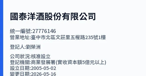 國泰洋酒股份有限公司的照片-統編 27776146(臺中市) 公司登記資料與營業項目詳細圖表