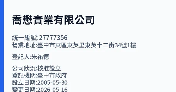 喬懋實業有限公司的照片-統編 27777356(臺中市) 公司登記資料與營業項目詳細圖表