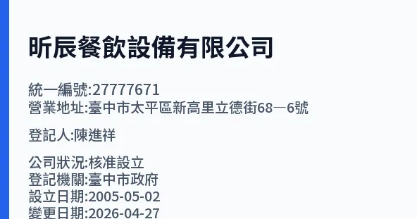 昕辰餐飲設備有限公司的照片-統編 27777671(臺中市) 公司登記資料與營業項目詳細圖表