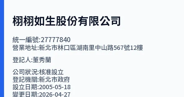 栩栩如生股份有限公司的照片-統編 27777840(新北市) 公司登記資料與營業項目詳細圖表