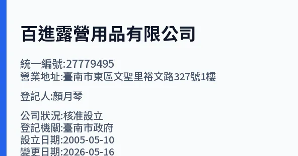 百進露營用品有限公司的照片-統編 27779495(臺南市) 公司登記資料與營業項目詳細圖表