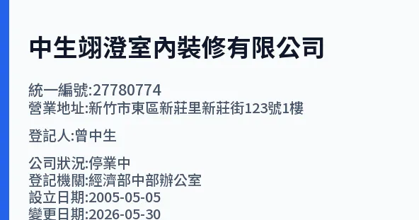 中生翊澄室內裝修有限公司的照片-統編 27780774(新竹市) 公司登記資料與營業項目詳細圖表