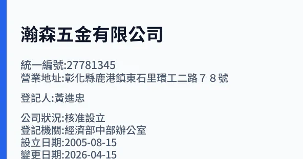 瀚森五金有限公司的照片-統編 27781345(彰化縣) 公司登記資料與營業項目詳細圖表