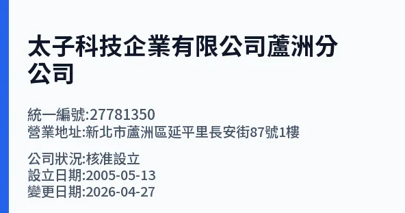 太子科技企業有限公司蘆洲分公司的照片-統編 27781350(新北市) 公司登記資料與營業項目詳細圖表